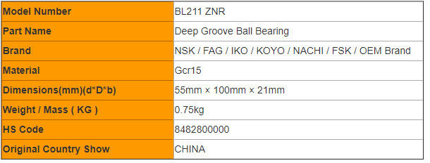 Heavy Load BL211 ZNR BL212-ZZ/C3 Radial Ball Bearings Single Row