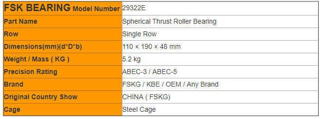 29322E , 29322M , 9039322M Thrust Spherical Roller Bearing Steel Cage ...