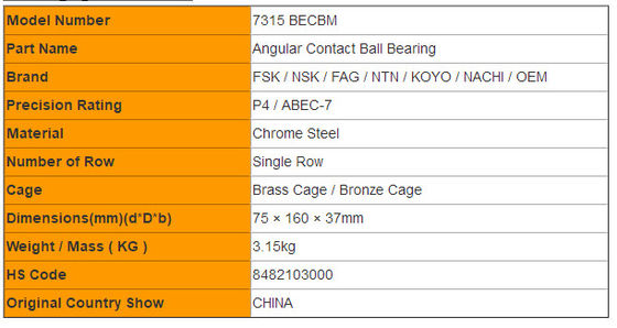 Brass Cage 7315 BECBM Single Row Angular Contact Ball Bearing