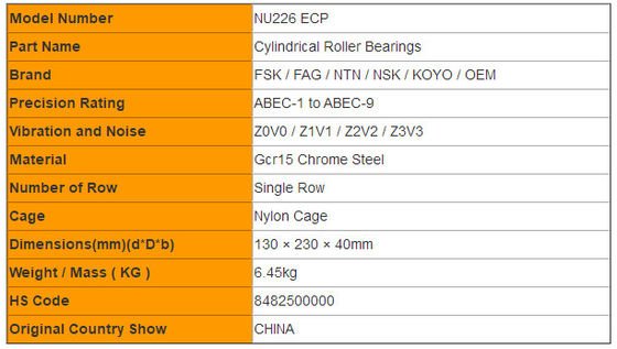 ABEC-3 NU226 ECP Bearings High Temperature Resistance Chrome Steel