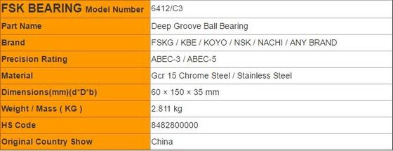 6412 C3 , 6412 2RS C3 Motor Ball Bearings Open Type Heavy Load Without Seal