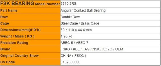 High Speed Double Row Angular Contact Bearing 3310 2RS , 3310 , 3056310 ...