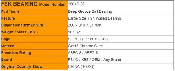Large Size 16040 , 16040M , 16038MA Bearing Size Chart Thin Walled