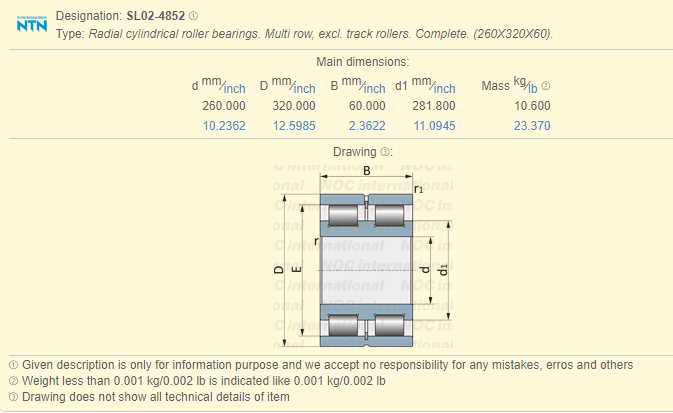 Full Complement SL02 4852-A-C3 Cylindrical Roller Bearing 260 × 320 × 60 mm