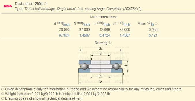 2900 Series 2904 , 2905 , 2906 Thrust Ball Bearings One Way Single Row ...