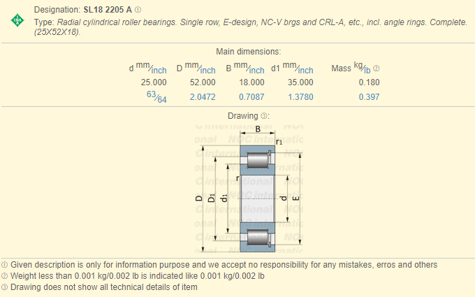 NCL2205V SL18 2205 Full Complement Roller Bearing for Excavator Reducer